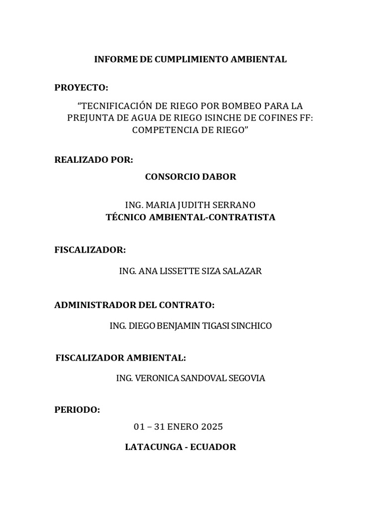 INFORME PMA - ENERO ISINCHE DE COFINES TANQUE ELEVADO - PLANILLA 3-signed | PDF | Entorno ...