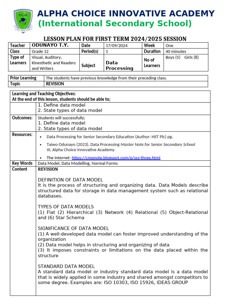 Grade 12 Data Processing Lesson Plan | PDF | Data Management ...