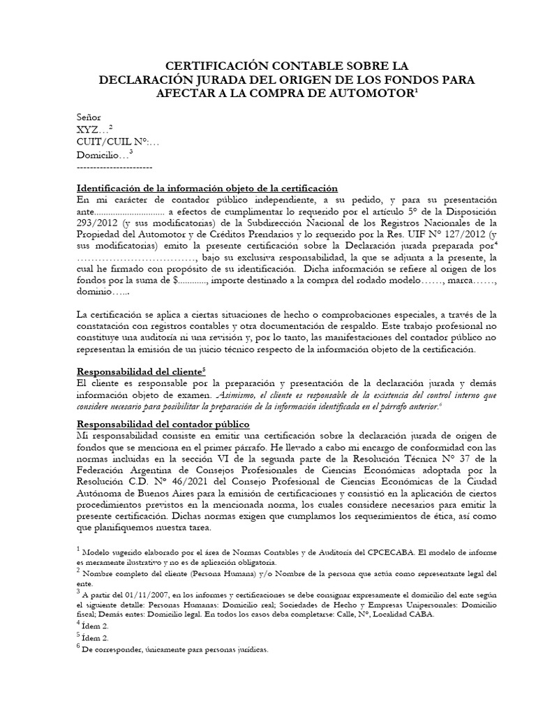 Certificación Sobre Origen de Fondos para Compra RODADO | PDF ...