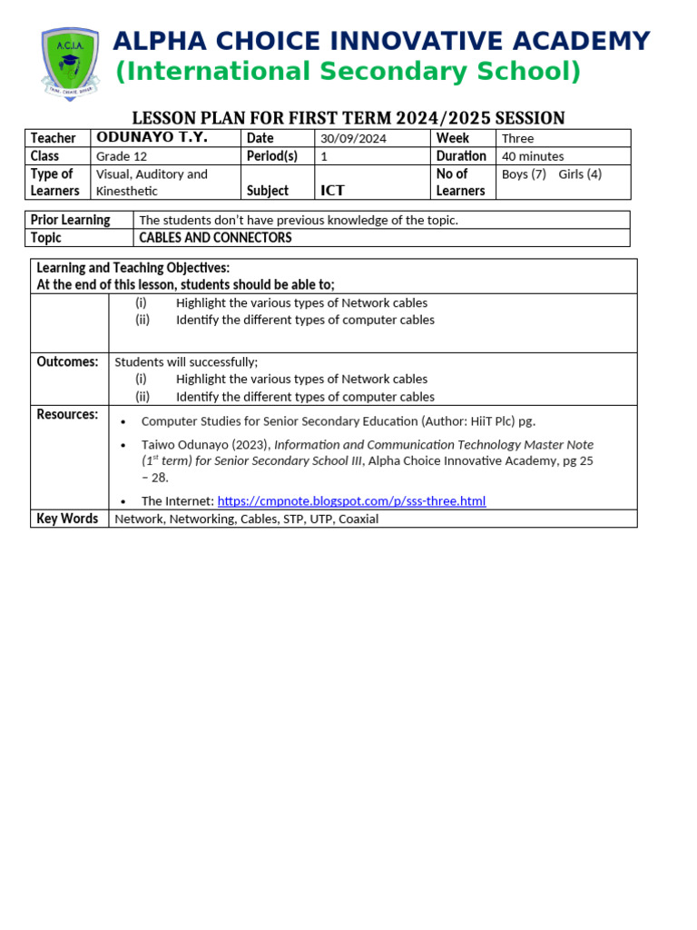 ICT Grade 12 Lesson Plan For Week Three | PDF | Electrical Connector ...