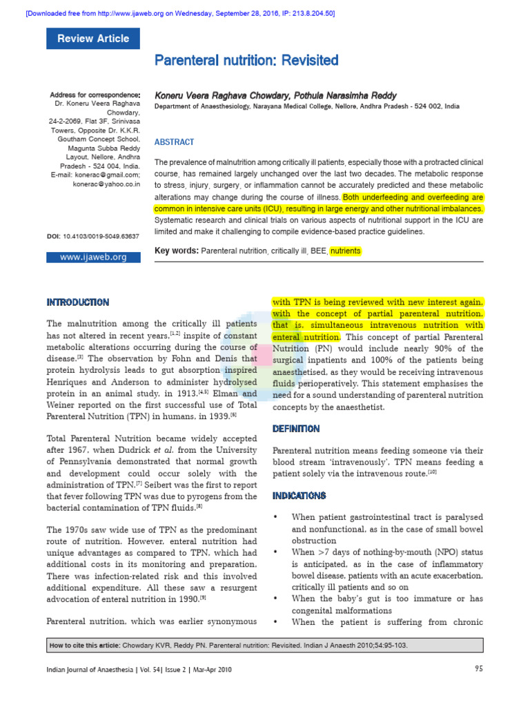 Parenteral Nutrition in Critical Care | PDF | Intravenous Therapy ...