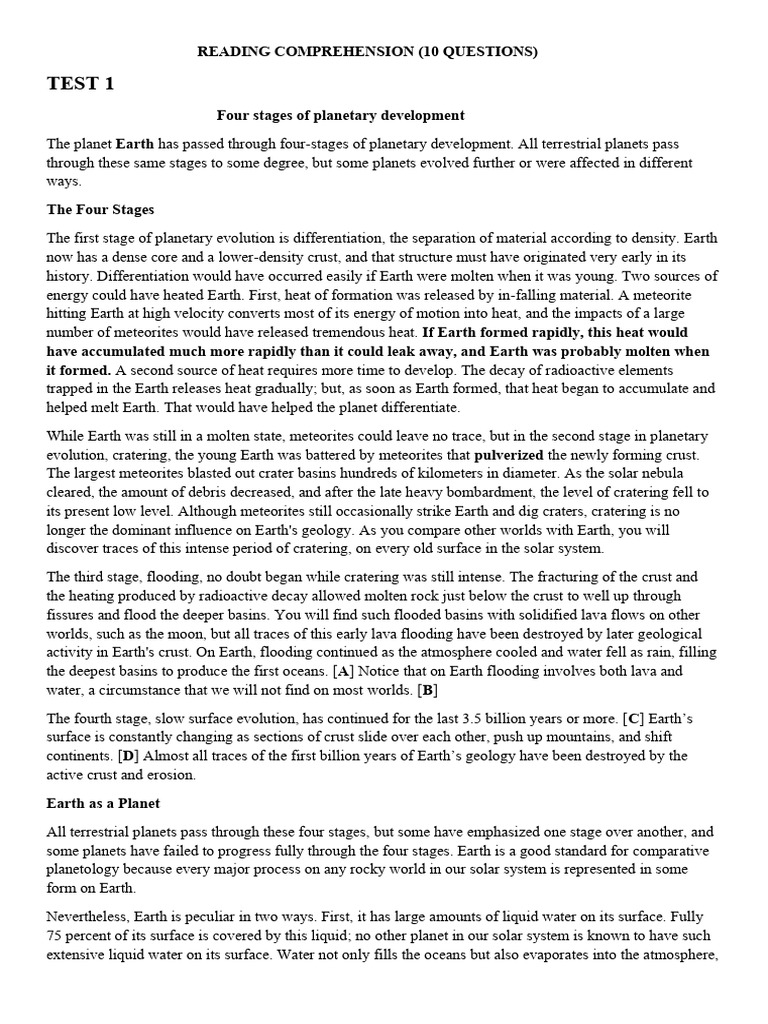 Reading Comprehension (10 Questions) | PDF | Earth | Intelligence