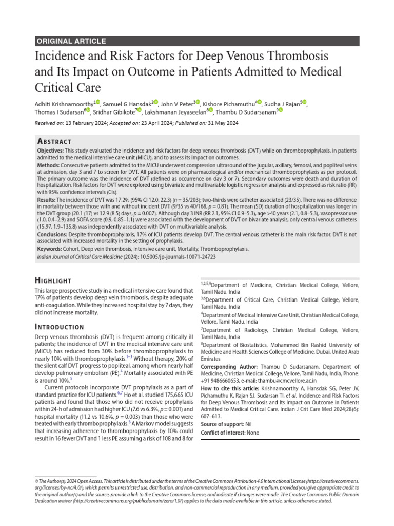 Incidence and Risk Factors For Deep Venous Thrombosis and Its Impact On Outcome in Patients ...