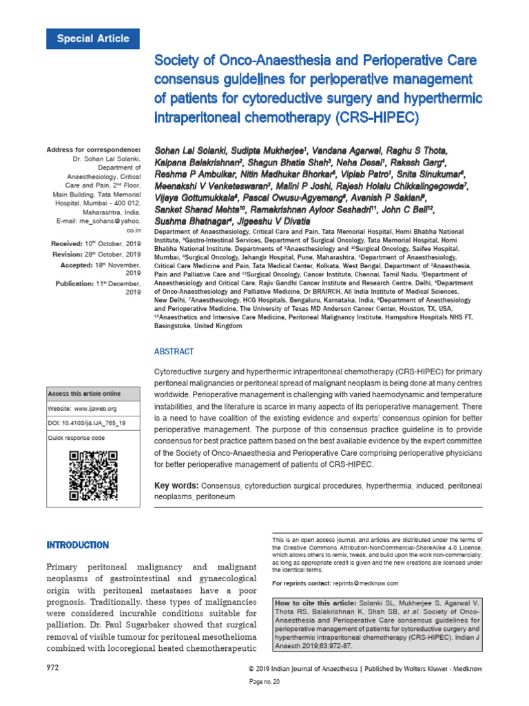 Anesthesia Guidelines for CRS-HIPEC Surgery | PDF | Anesthesia ...