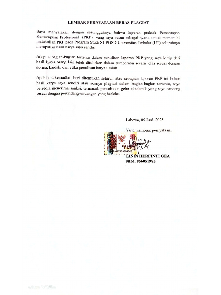 Surat Pernyataan Bebas Plagiat | PDF