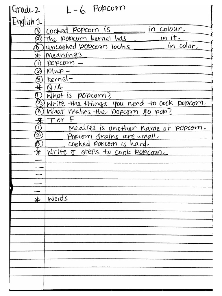 Grade 2 English 1 Lesson 6 Popcorn Practice Test | PDF