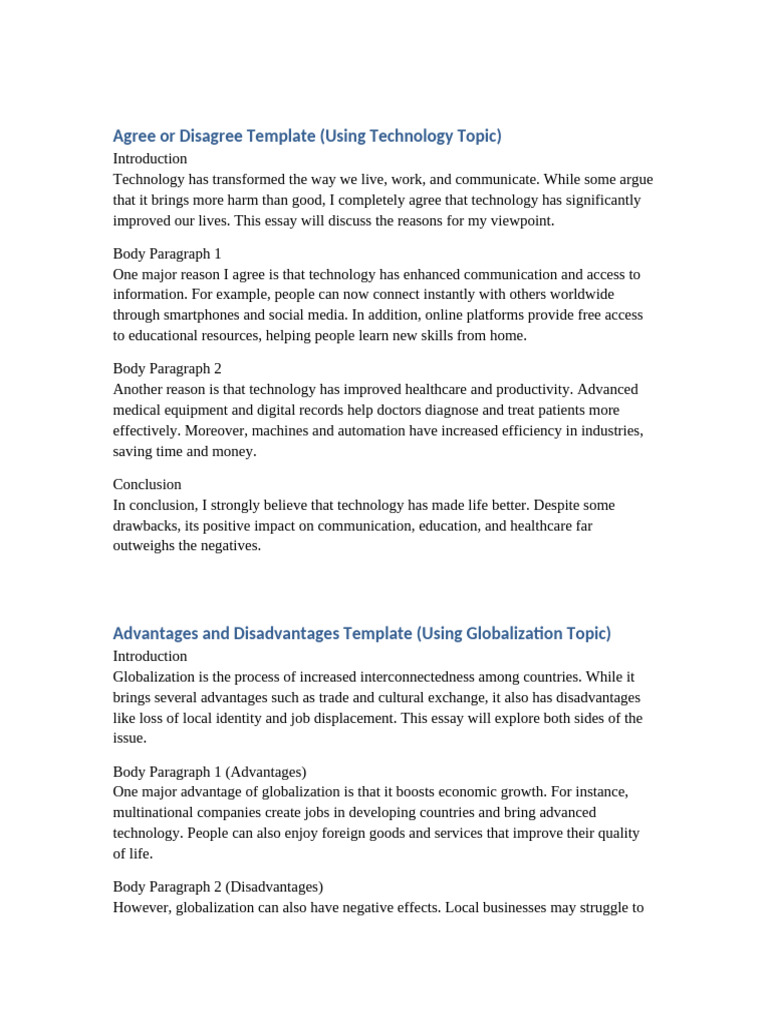 IELTS Essay Templates Agree Disagree Adv Disadv | PDF