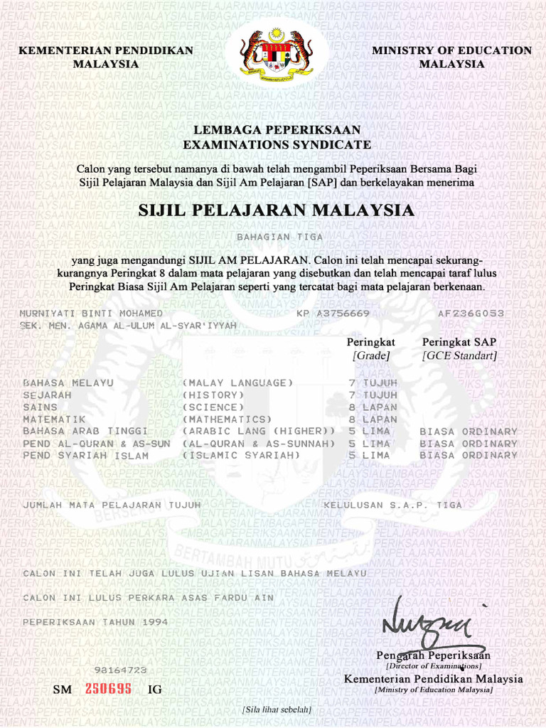 Sijil SPM Tahun 1994 | PDF