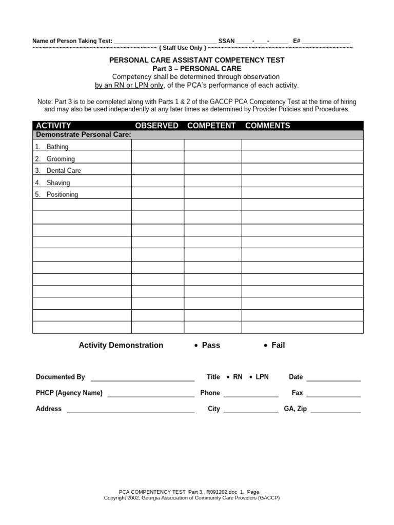 PCA Competency Test Part 3 Form | PDF