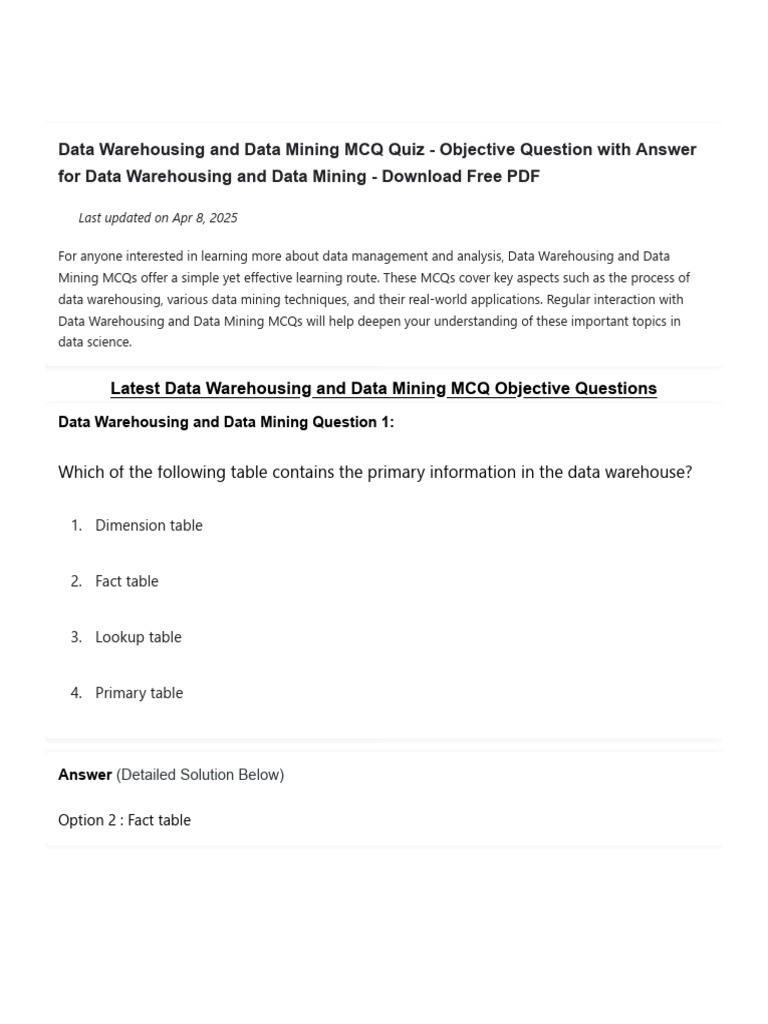 Data Warehousing and Data Mining MCQ (Free PDF) - Objective Question Answer For Data Warehousing ...