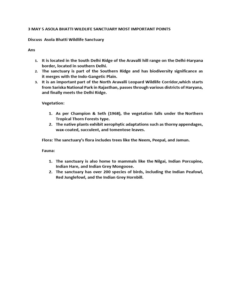 3 May 5 Asola Bhatti Wildlife Sanctuary Most Important Points | PDF
