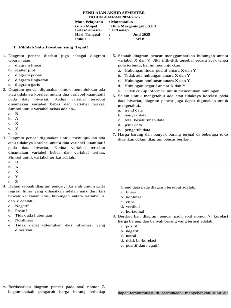 Soal Uas MTK Kelas Xi 2025 | PDF
