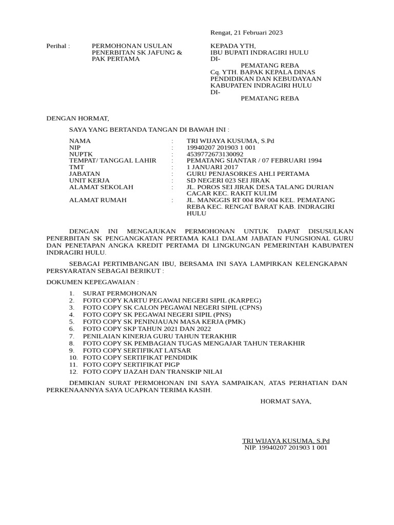 Surat Permohonan Usulan Jafung Dan Pak Pertama | PDF