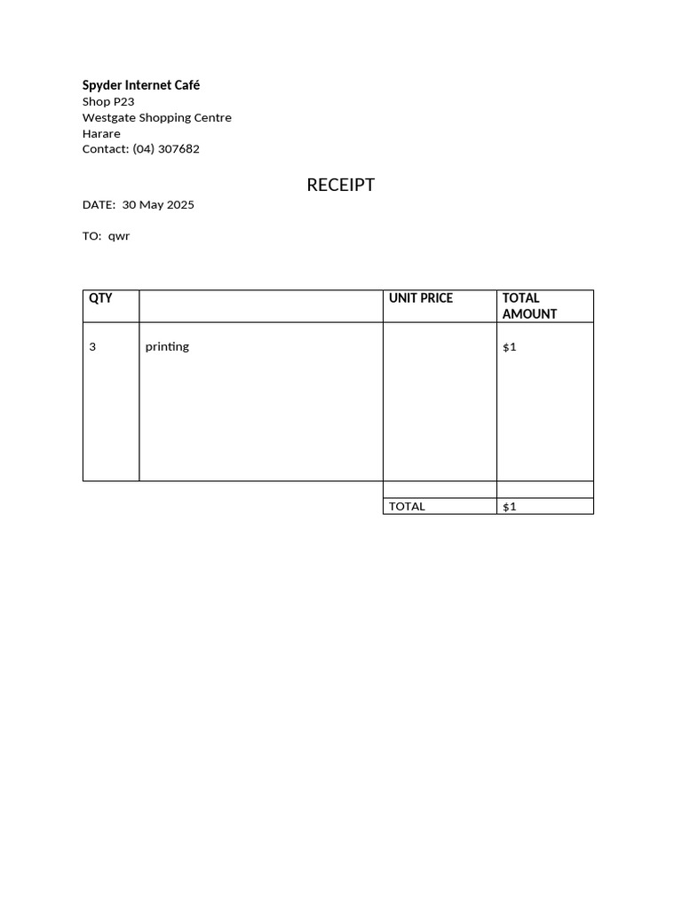 Spyder Internet Café Receipt | PDF