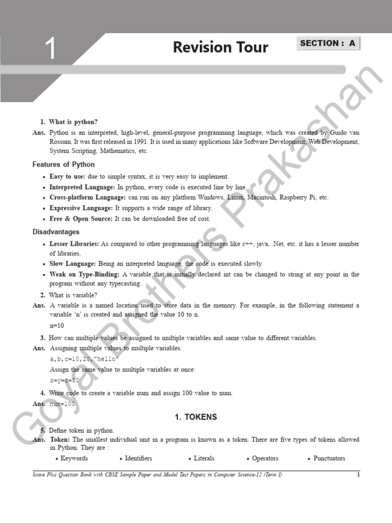 Unit 1 Python Revision Tour Question Bank Pdf Parameter Computer Programming Reserved Word