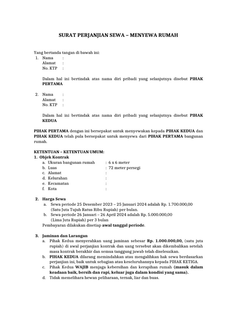 Format Surat Perjanjian Sewa Rumah | PDF