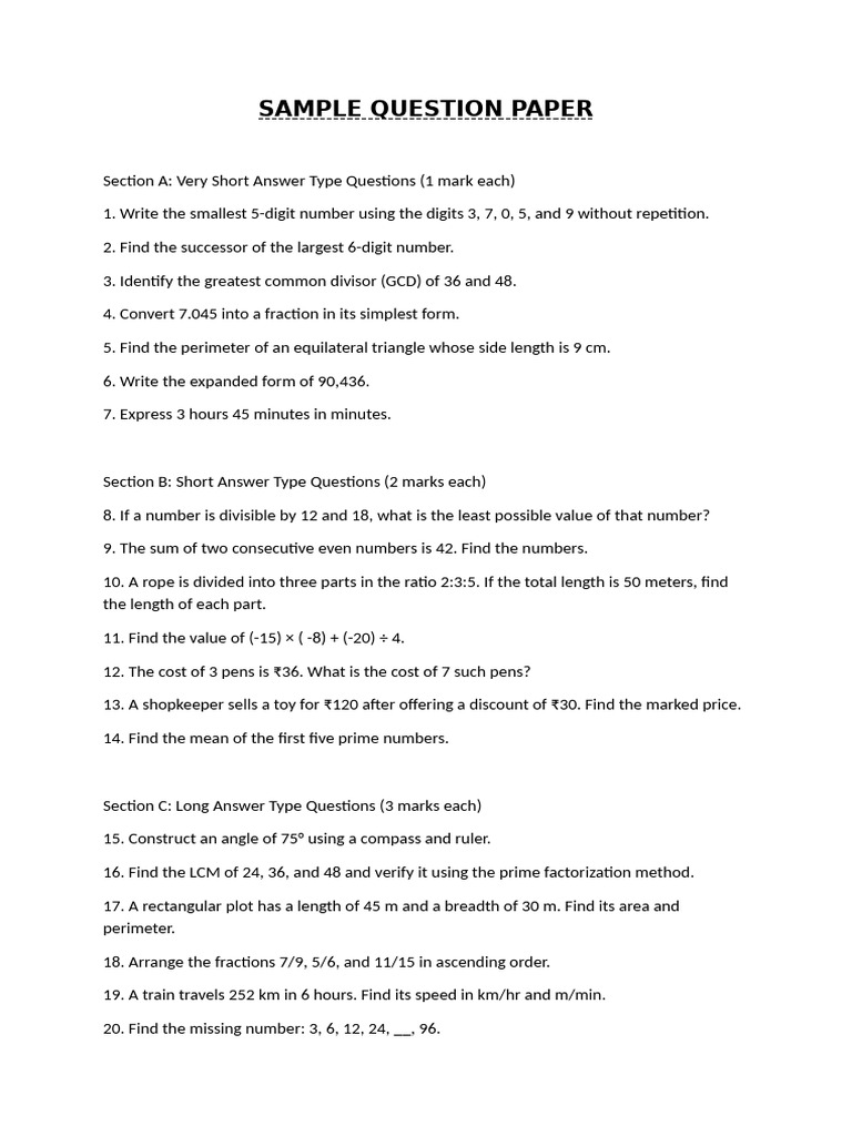 Sample Question Paper - Math.2025 | PDF | Elementary Mathematics ...