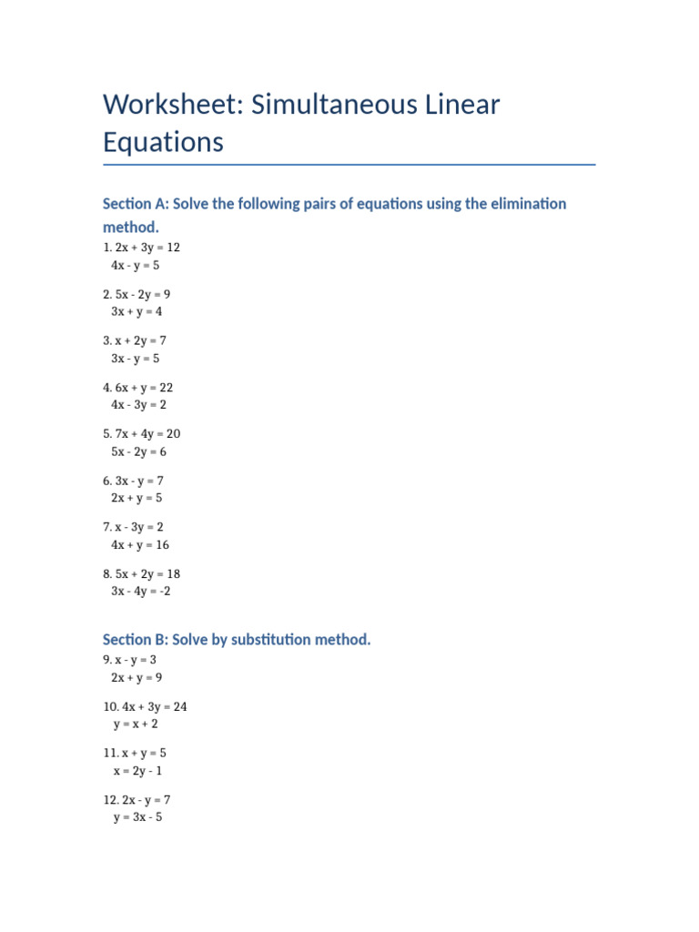 Simultaneous_Linear_Equations_Worksheet | PDF