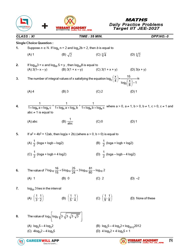DPP-3 Maths XI Logarithm Careerwill | PDF | Arithmetic | Discrete Mathematics