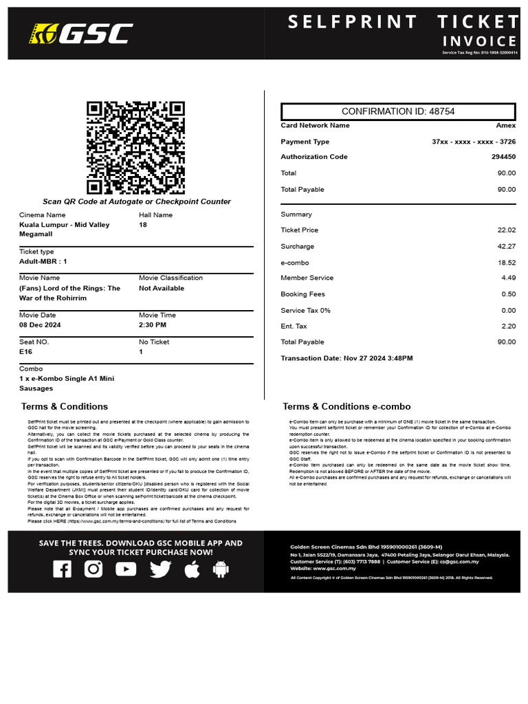 GSC Ticket Confirmation for LOTR Movie | PDF | Ticket (Admission ...