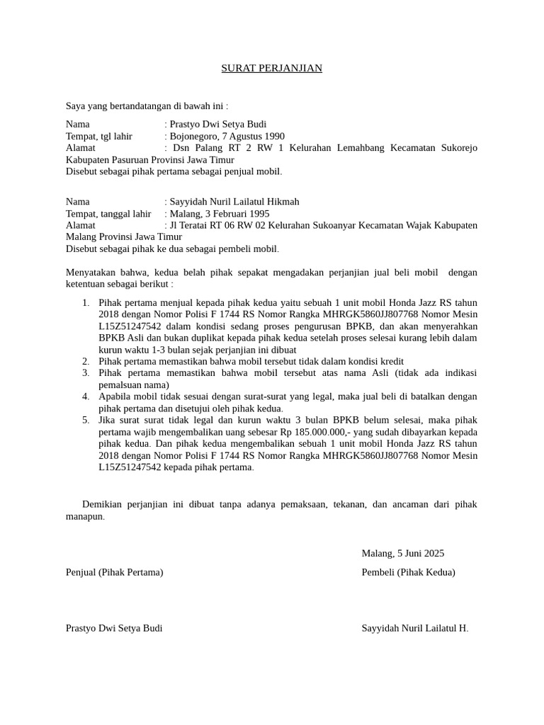 Surat Perjanjian Jual Beli Mobil | PDF