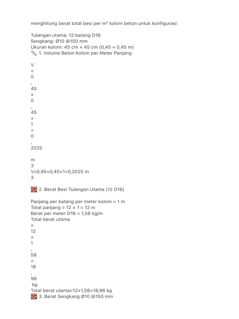 Menghitung Berat Total Besi Per M Kolom Beton Untuk Konfigurasi | PDF