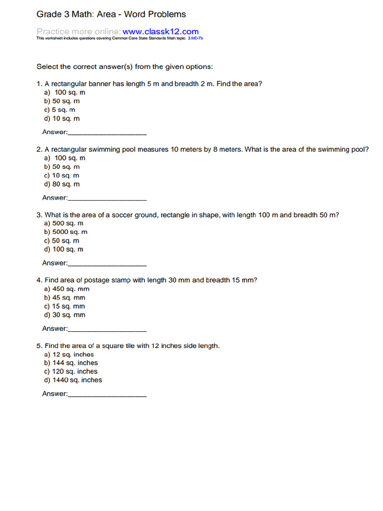 Grade 3 Math - Math - Area Word Problems - Classk12 | PDF