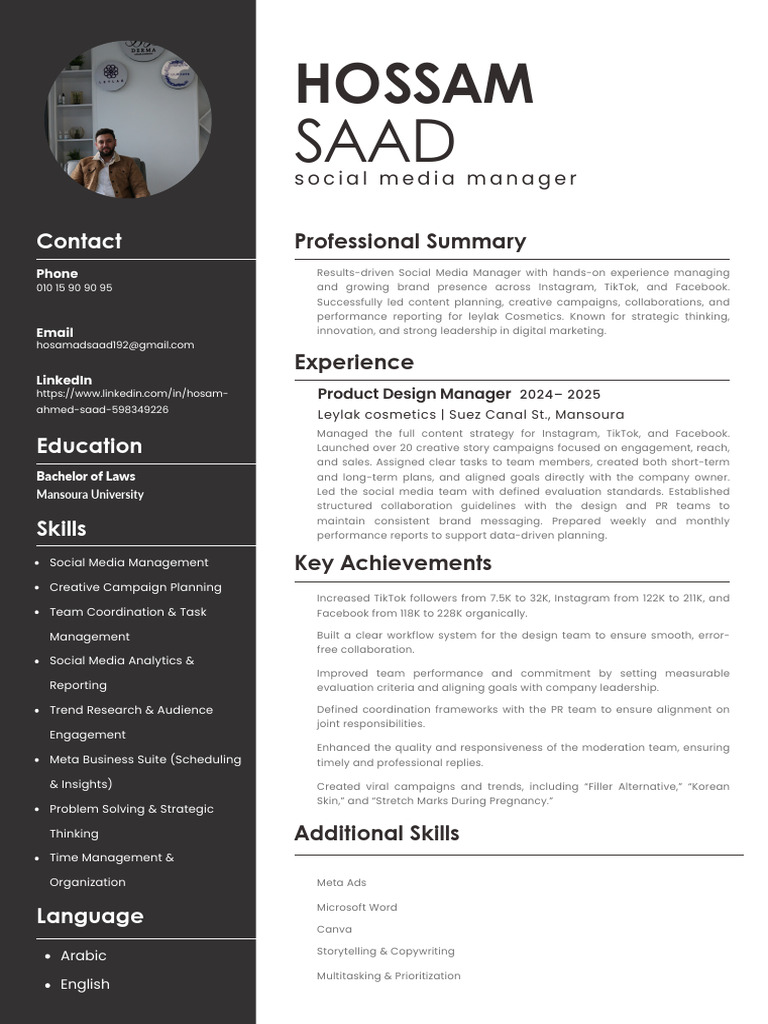 Hosam Saad Social Media Manager | PDF | Social Media | Popular Culture & Media Studies