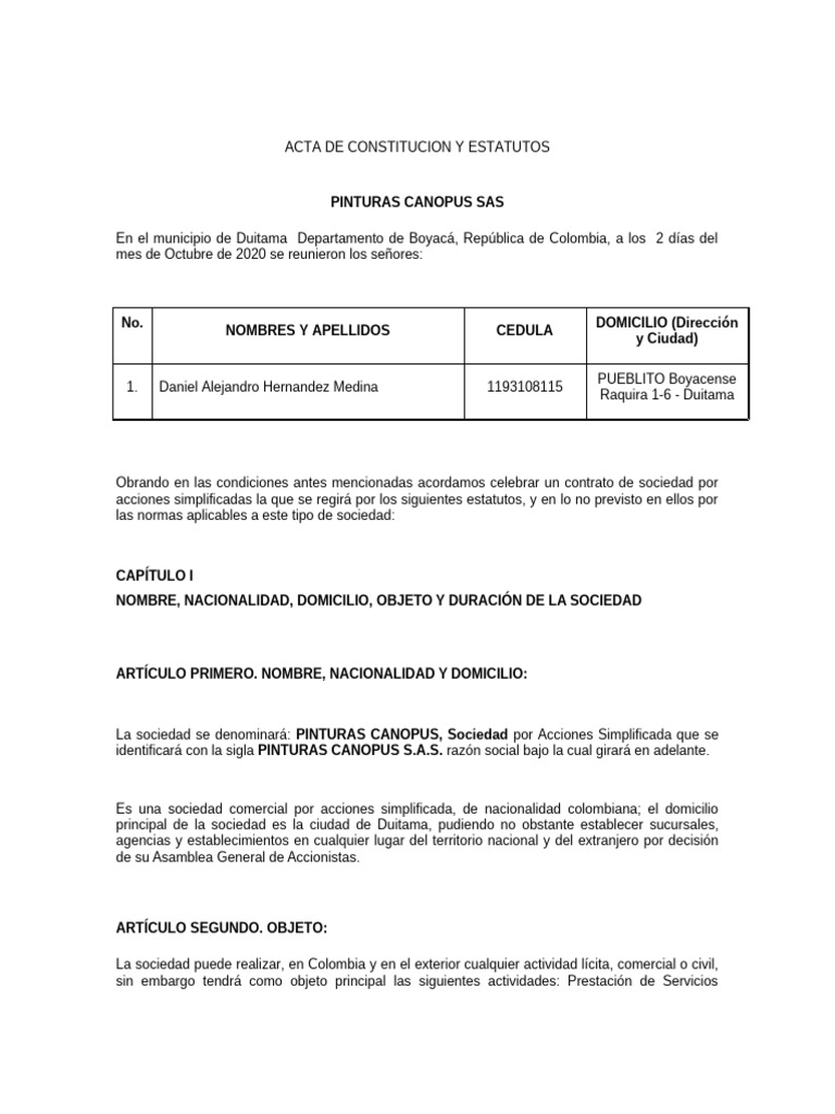 Acta de Constitucion y Estatutos (1) Daniel Alejandro | PDF | Sociedad de responsabilidad ...