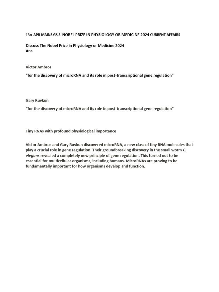13rr Apr Mains Gs 3 Nobel Prize in Physiology or Medicine 2024 Current ...