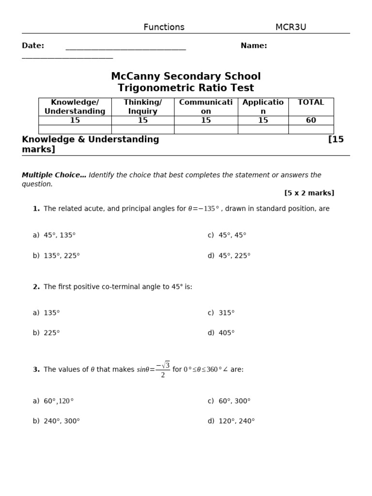 MCR3U Trigonometric Functions Test | PDF | Trigonometric Functions | Angle