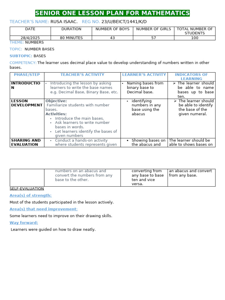 Senior One Lesson Plan For MTC by Rusa Isaac Mru2023001441 | PDF ...