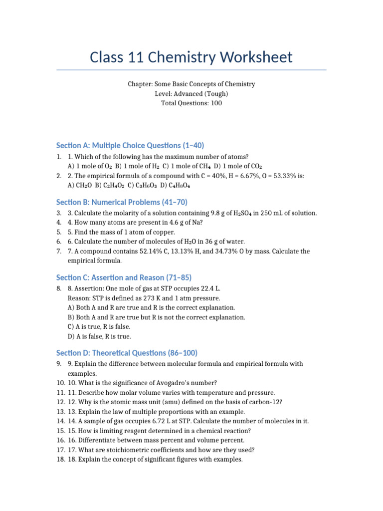 Class11 Chemistry Advanced Worksheet | PDF