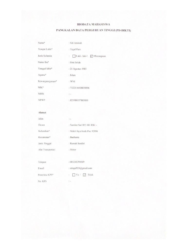 Biodata Mahasiswa Siti Aminah | PDF