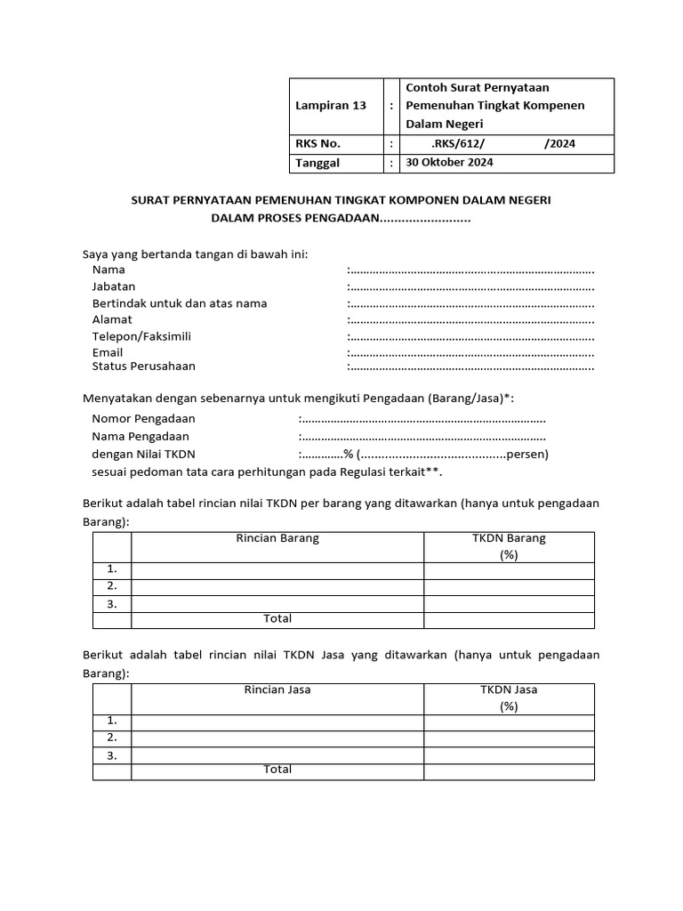 Surat Pernyataan Pemenuhan TKDN | PDF