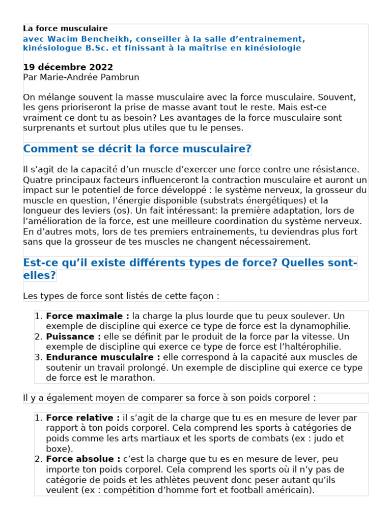 Définition et avantages de la force musculaire | PDF | Muscle