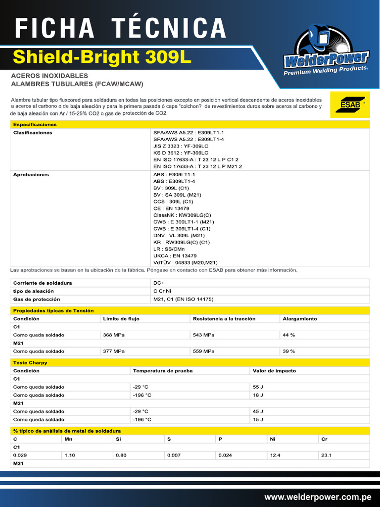 Ficha Tecnica Alambre Tubular Shield Bright 309l - Esab | PDF