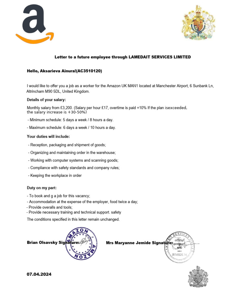 Employment Letter To Work in Amazon | PDF
