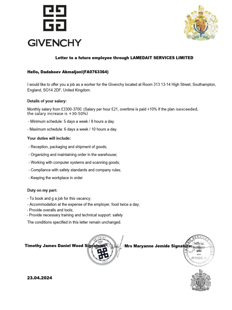 Employment Letter To Work in Givenchy | PDF
