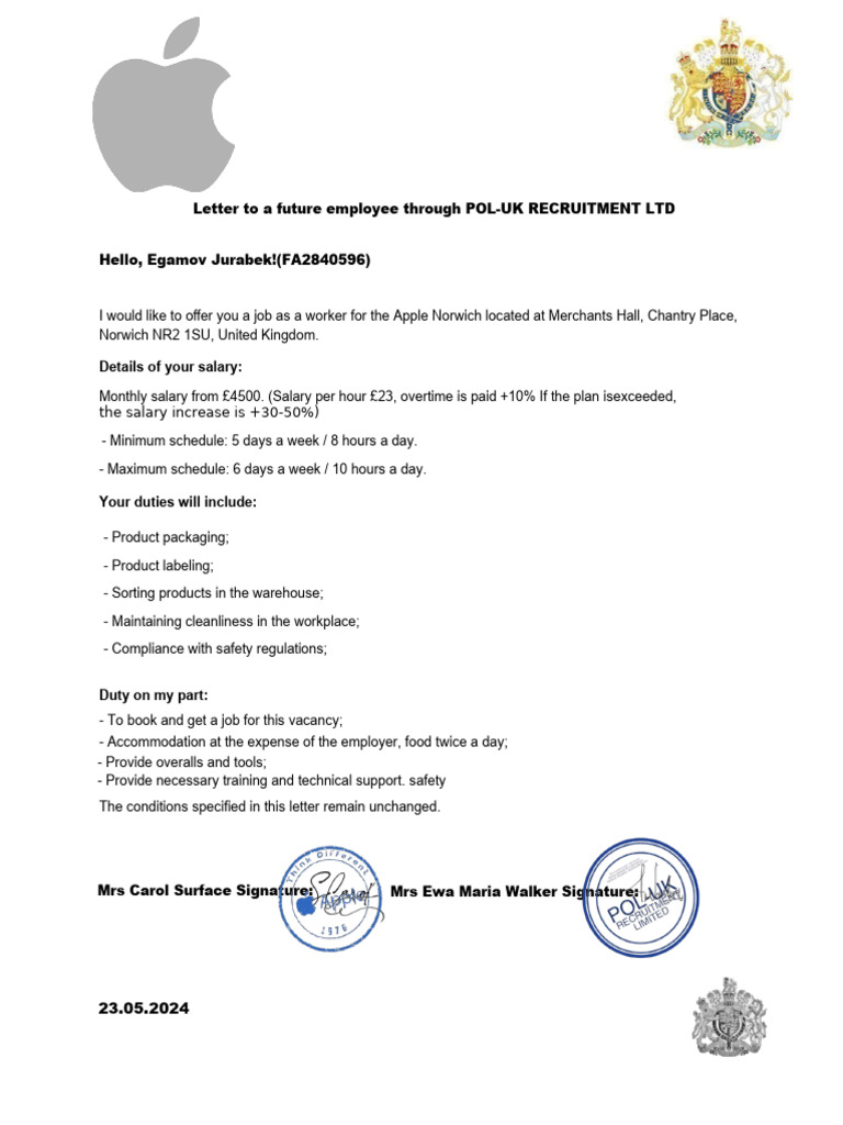 Apple Job Offer for Norwich Position | PDF