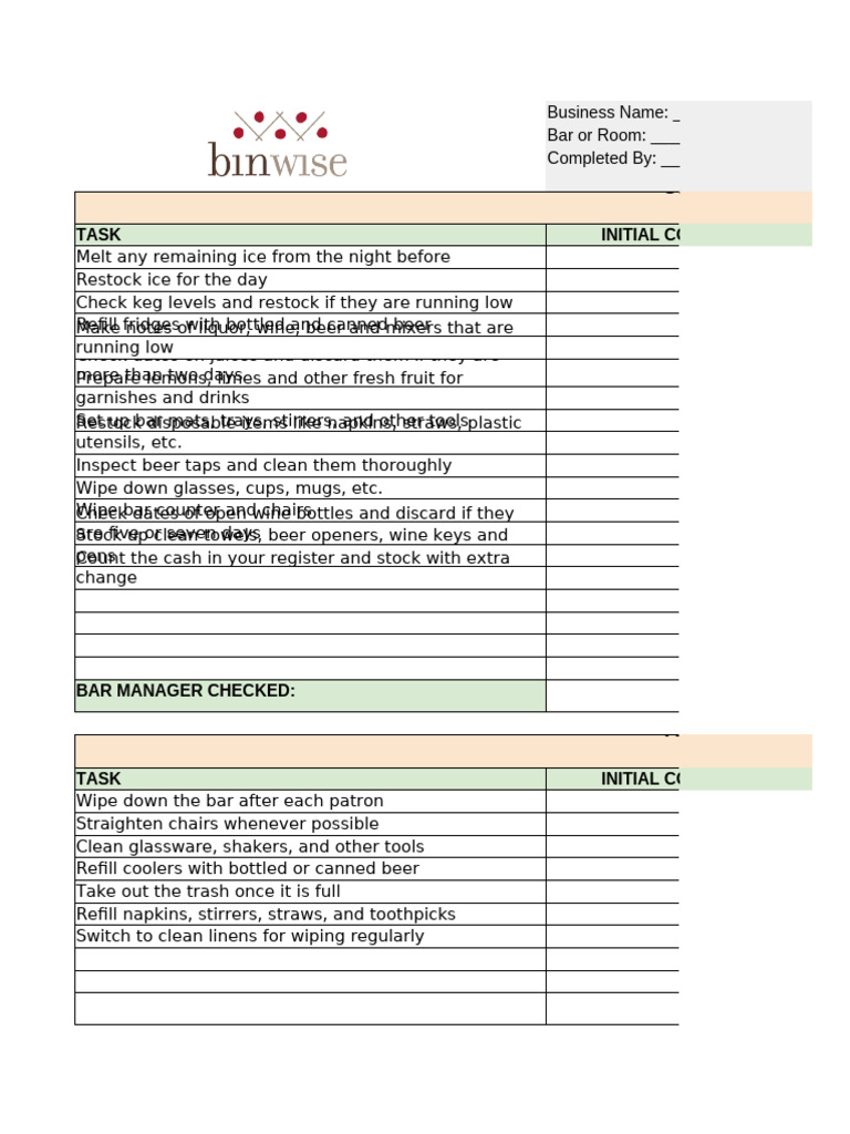 5e13aa37c7365888465274ee Bar Cleaning Checklist | PDF | Beer