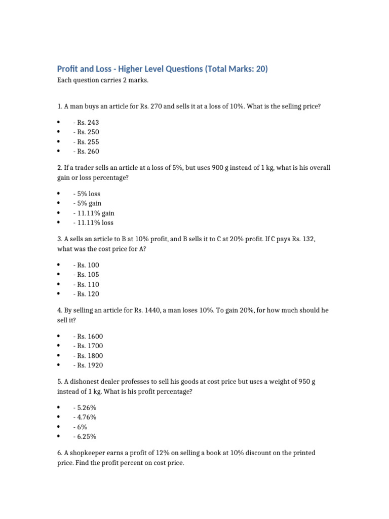 Profit Loss Higher Level Questions | PDF
