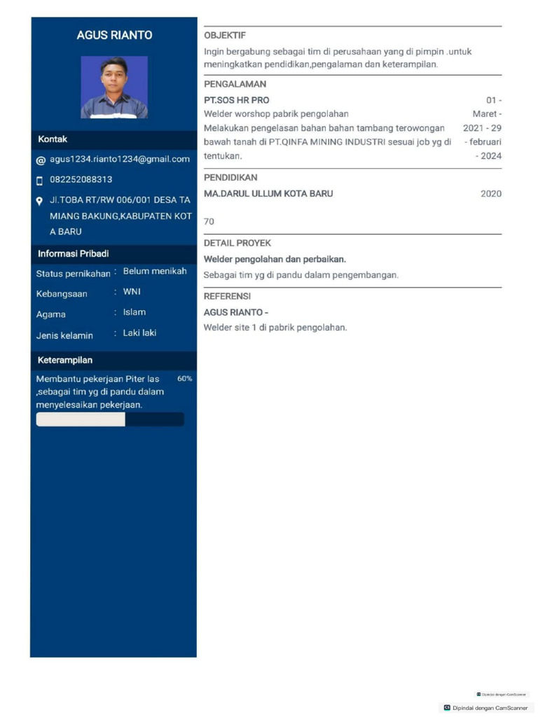 Lamaran Kerja Agus Rianto Welder PT - Darma Henwa | PDF