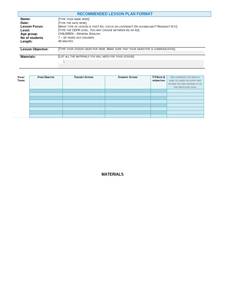 Lesson Plan Format Word Doc For Kids | PDF