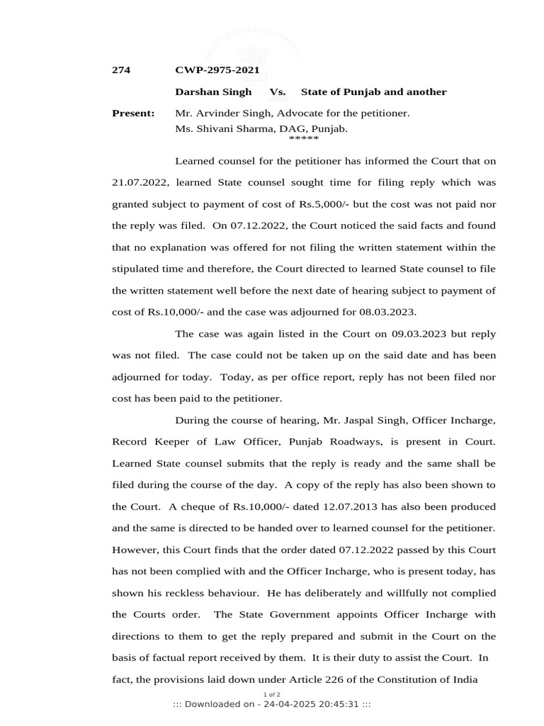 CWP 2975 2021 13 07 2023 Interim Order | PDF | Justice | Crime & Violence