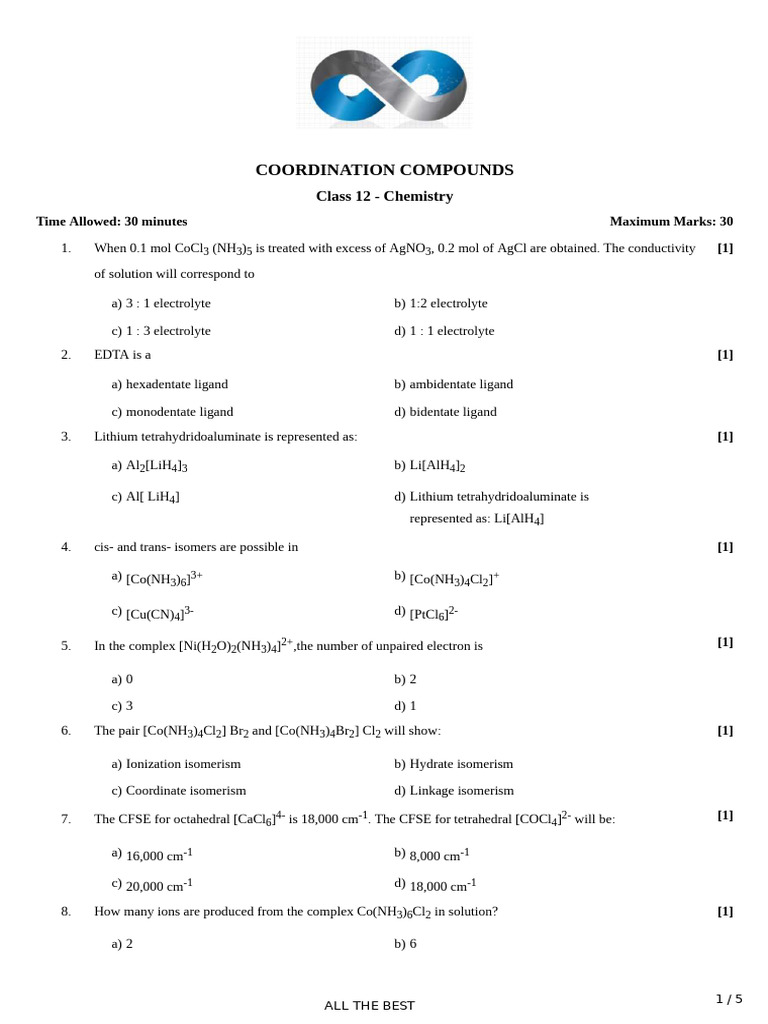 CBSE Chemistry g12 Volume 2 Important Questions | PDF | Coordination ...