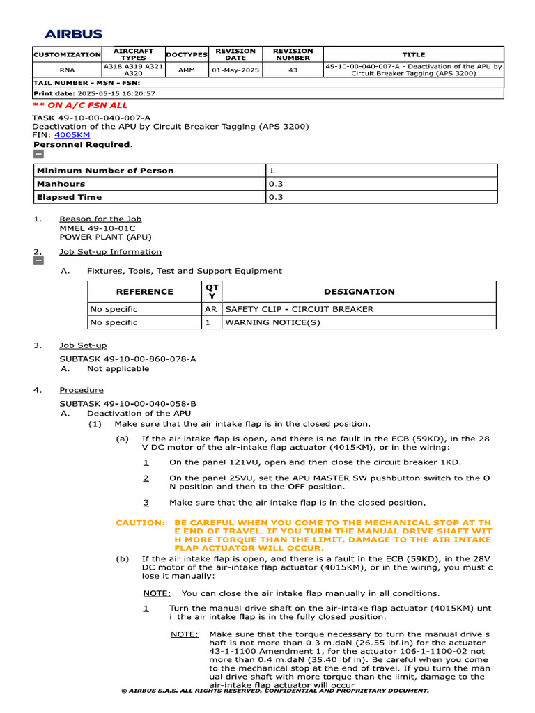 Deactivation of The APU by Circuit Breaker Tagging (APS 3200) | PDF