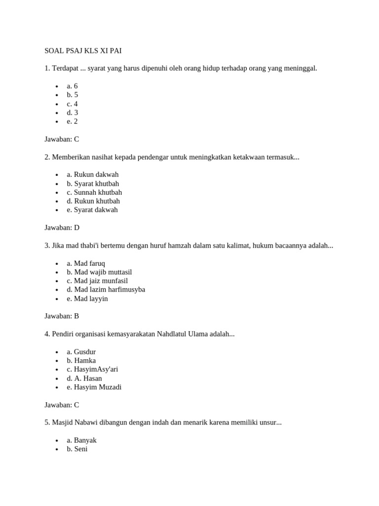 Soal Dan Jawaban Psaj Kls Xi Pai | PDF