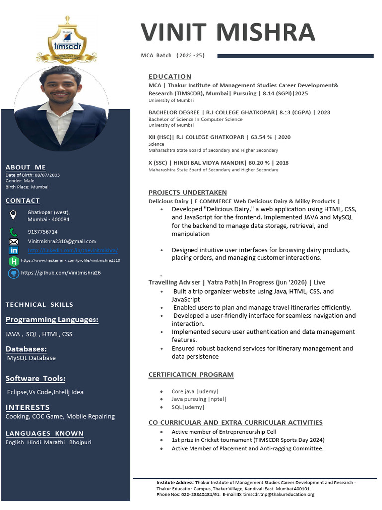 Vinitkumar Mishra Resume | PDF | Databases | Java (Programming Language)