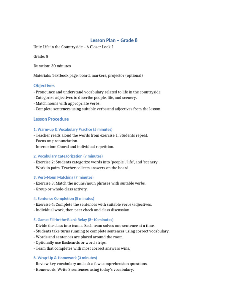Grade 8 Countryside Vocabulary Lesson Plan | PDF